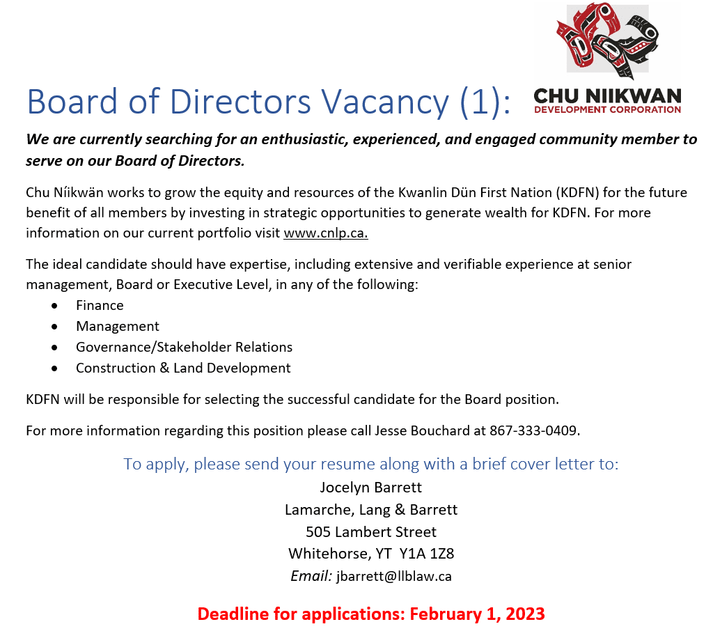 Board Vacancy at CNDC - Kwanlin Dün First Nation